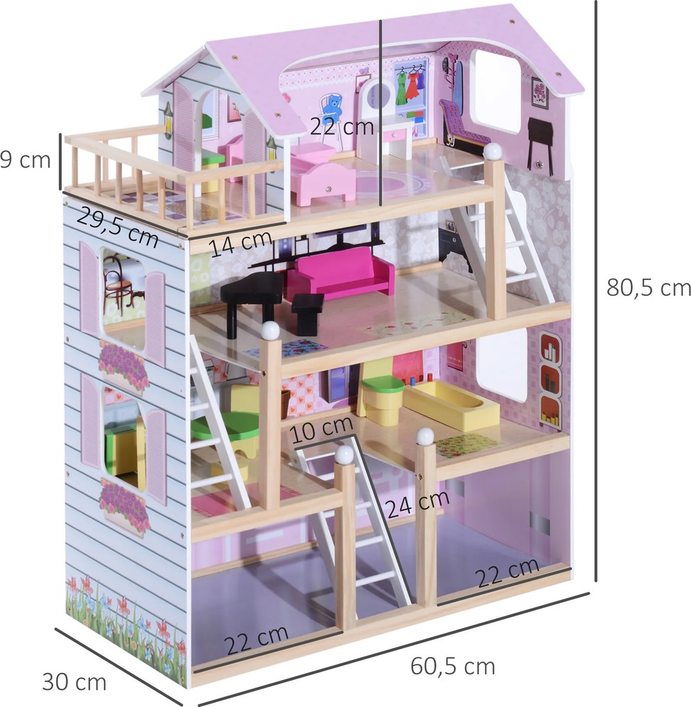 HOMCOM Dřevěný Domeček pro Panenky se 4 Patry a Nábytkem Výška 80,5 cm se 13 Doplňky pro Dívky 60,5x30x80,5 cm Růžový