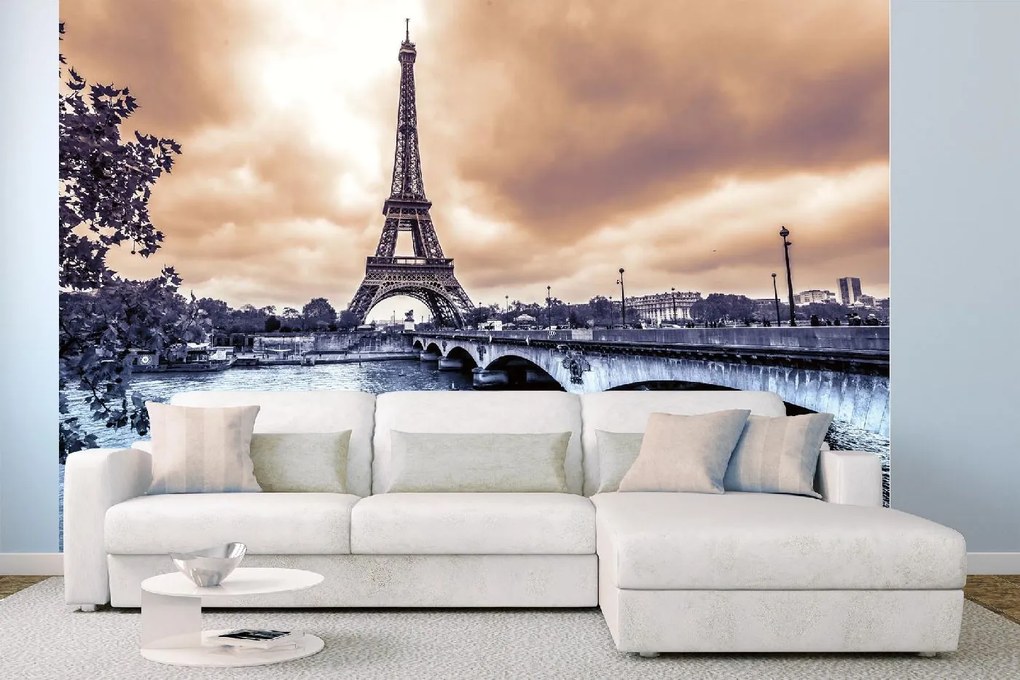 DIMEX | Samolepicí vliesová fototapeta na zeď Eiffelova věž v dešti MA-5-1217 | 375 x 250 cm | bílá, hnědá, šedá