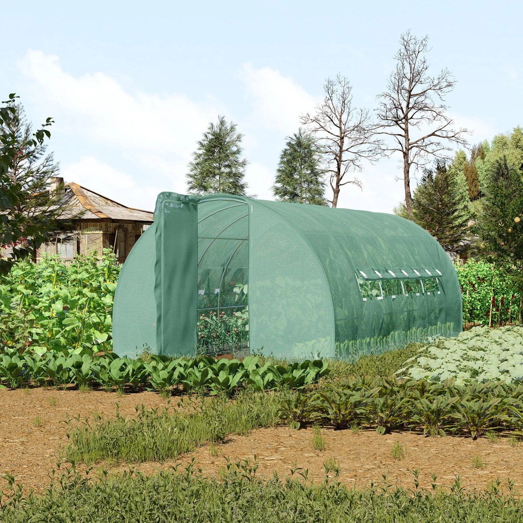 Tunnellová skleník Outsunny se dveřmi a 8 okny, zahradní skleník z PE a pozinkovaného kovu pro pěstování rostlin, 600x300x200cm | Aosom
