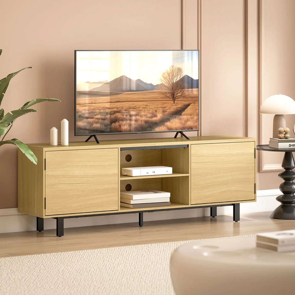 HOMCOM TV stolek 160 cm – pro TV do 165 cm (65 palců), 2 bezúchytková dvířka s push-to-open, 2 otevřené police, kovové nohy, přírodní dekor