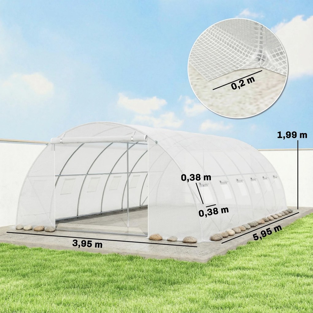 Outsunny venkovní tunelový skleník 6 × 4 × 2 m – pozinkovaný rám, voděodolný a UV-odolný PE potah, rolovací dveře a síťovaná okna, bílý