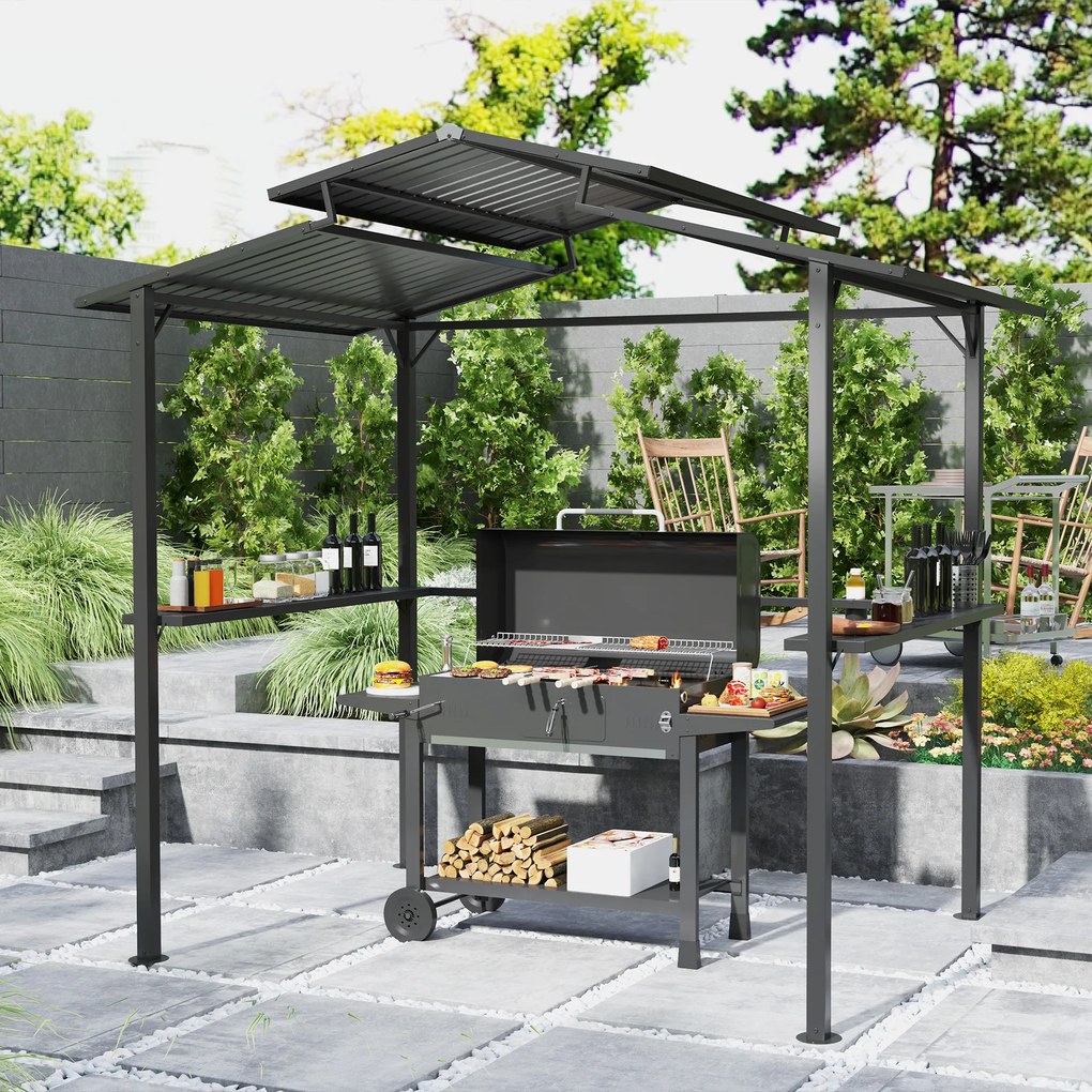 Grilovací Pavilion Outsunny 250 x 160 x 250 cm - Voděodolný Zahradní Pavilon s Dvojitým Středním Štítem, Bočními Policemi a UV Ochrannou, BBQ Pavilio…