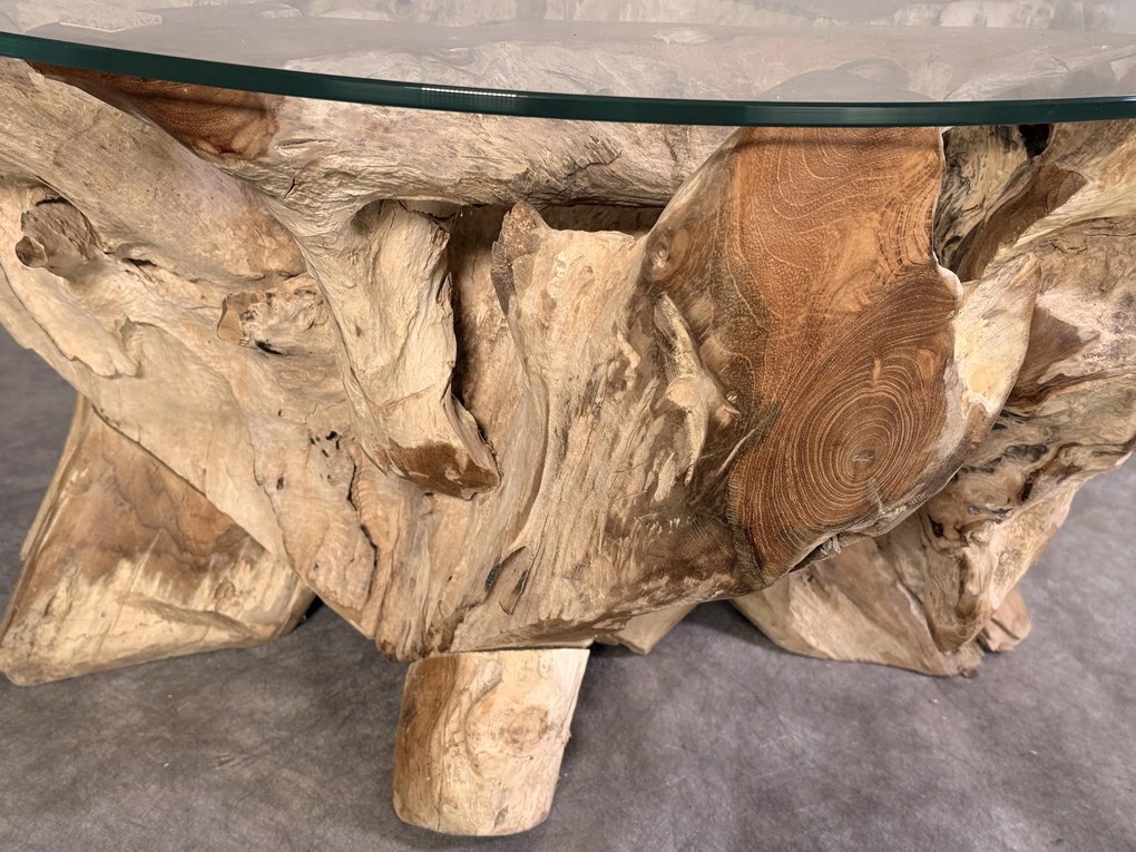 Konferenční stolek Rootblock z teakového kořene se sklem 85 cm – přírodní, Jáva