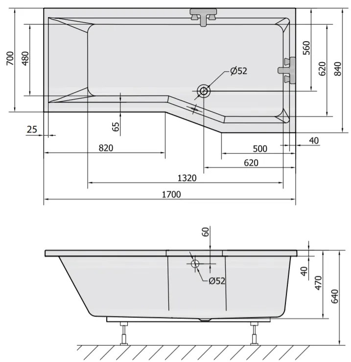 Polysan VERSYS R asymetrická vana 170x84x70x47cm, bílá, 70611