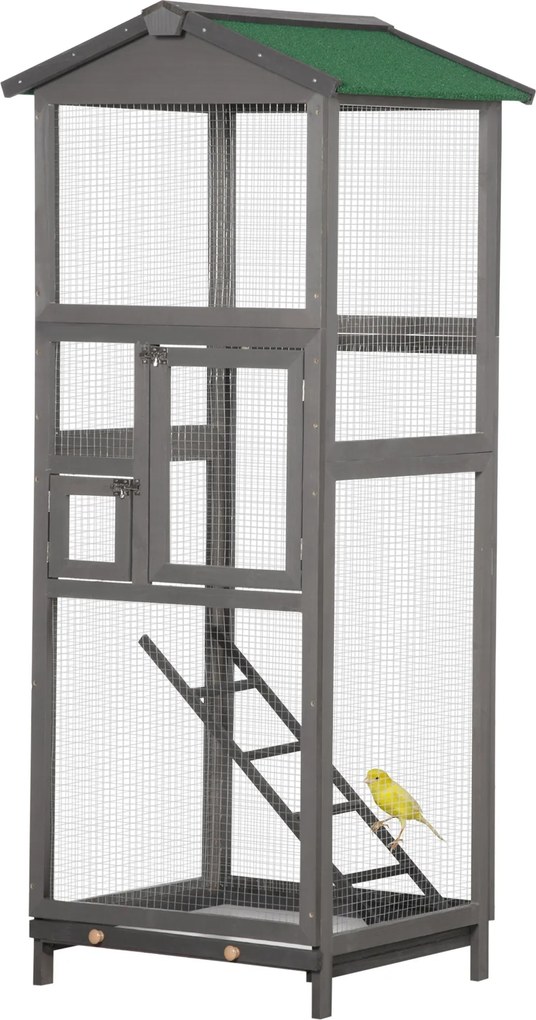 PawHut Velká Klec pro Ptáky z Masivního Dřeva s 2 Dveřmi, Asfaltovou Střechou a Odnímatelným Podnosem - 68 x 63 x 165 cm Šedá