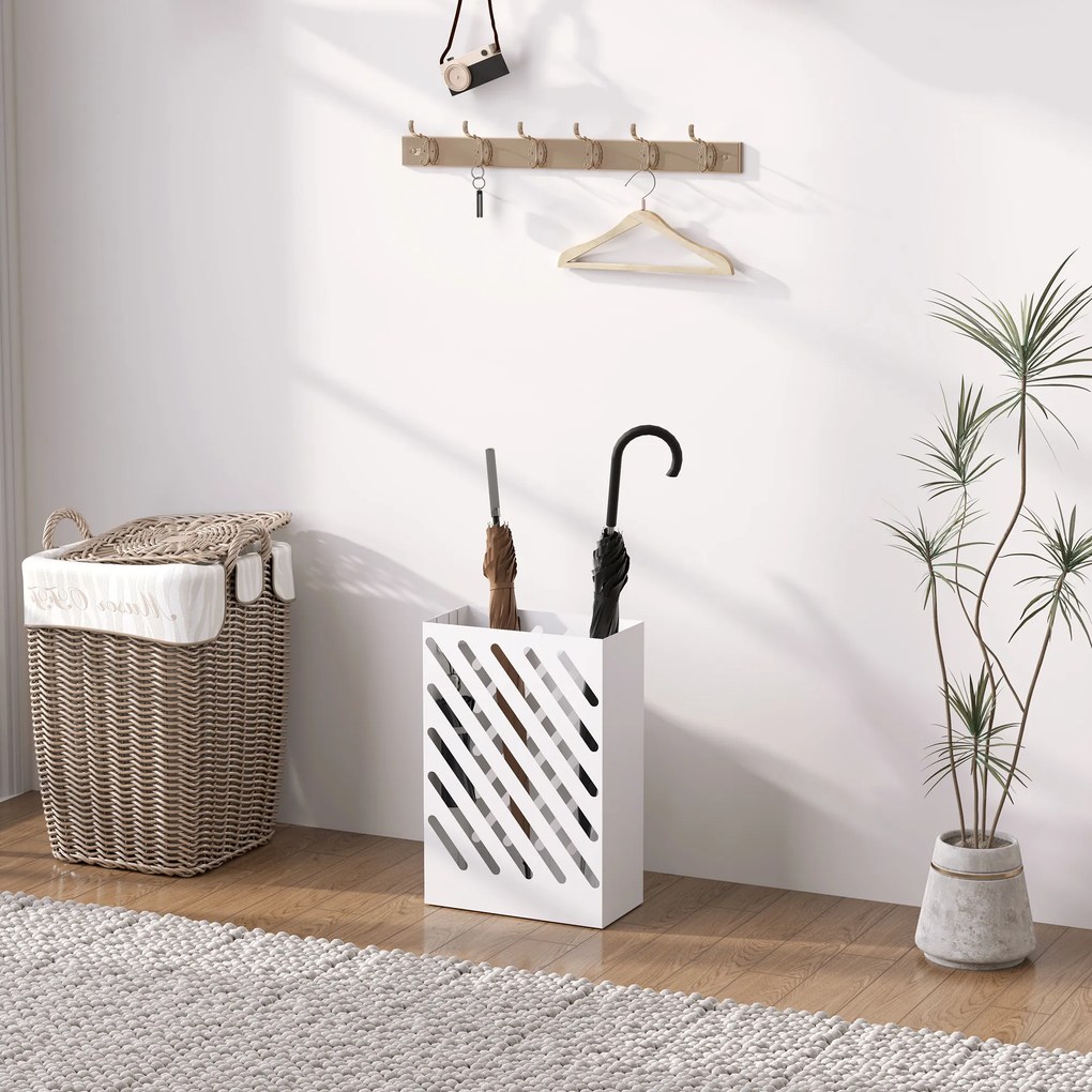 HOMCOM Stojan na deštníky s odkapávací miskou, 4 háčky, ocel, 28L x 14W x 41H cm, bílý