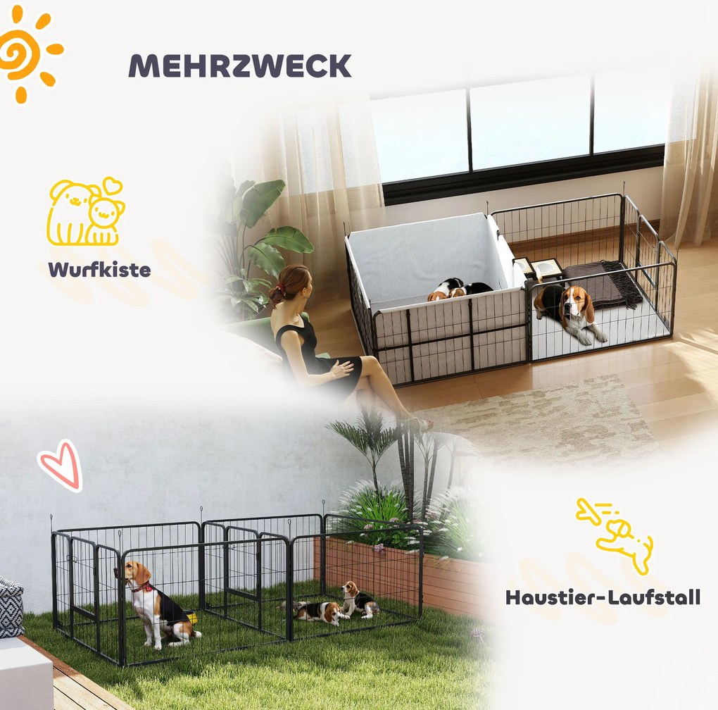 PawHut Pelíšek pro štěňata, ohrádka pro štěňata se 7 panely, 2 plochy, omyvatelná podložka pod stelivo, 203x102x60cm černá