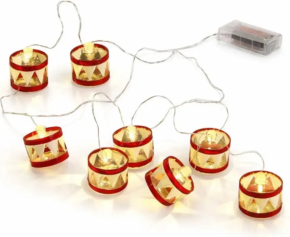 LED světýlka na baterky 1,5 m červené bubínky, teplá bílá, čirý kabel IP20 interiér, 2× AA