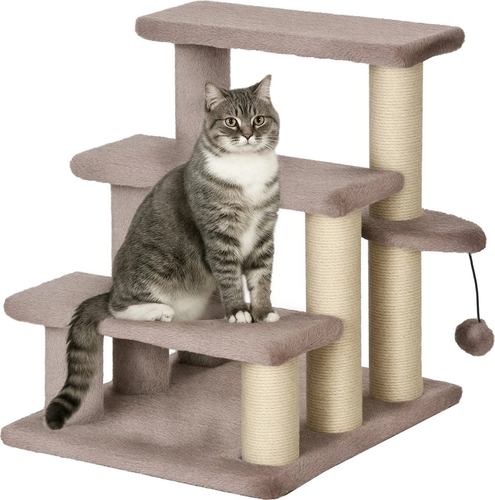 3-stupňové Kočičí Schody PawHut s Hracím Míčkem a Škrábacím Sloupem pro Kočky do 5 kg, Plyšové Jutové Hnědé, 45 x 40 x 48 cm | Aosom