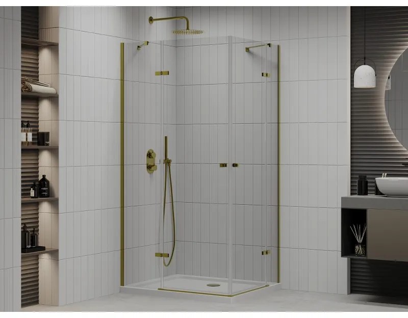 Mexen Roma Duo sprchový kout s otočnými dveřmi 100 x 90 cm, Průhledné, Zlatá + sprchová vanička Flat - 854-100-090-50-02-4010G