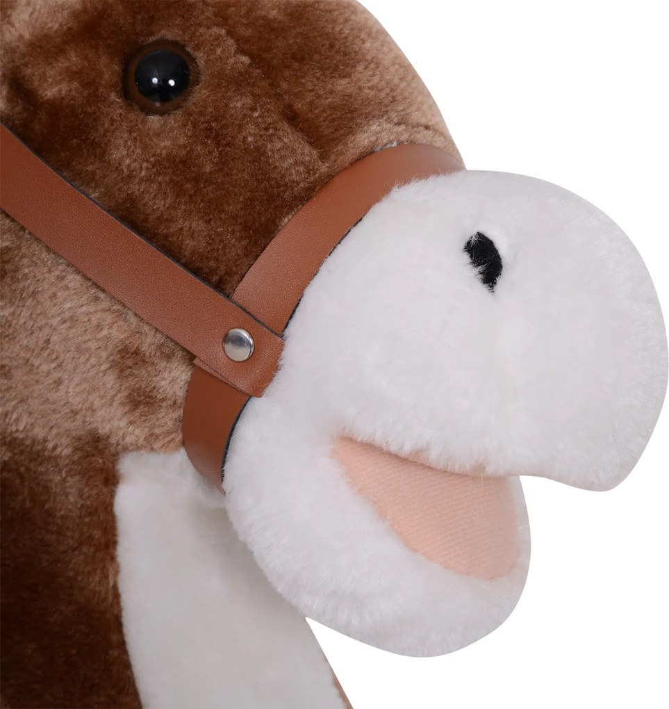 HOMCOM Houpací hřebec s cowboyským sedlem - Velké pohodlí, krátký měkký plyš, topolové dřevo, hnědý