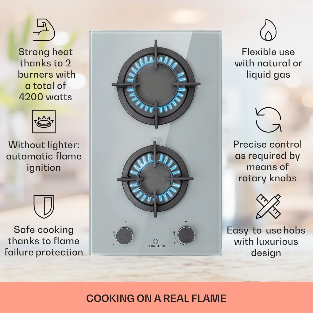 Klarstein Firetale, plynová varná deska, 2 hořáky, hliníkové hořáky, zemní plyn/propan