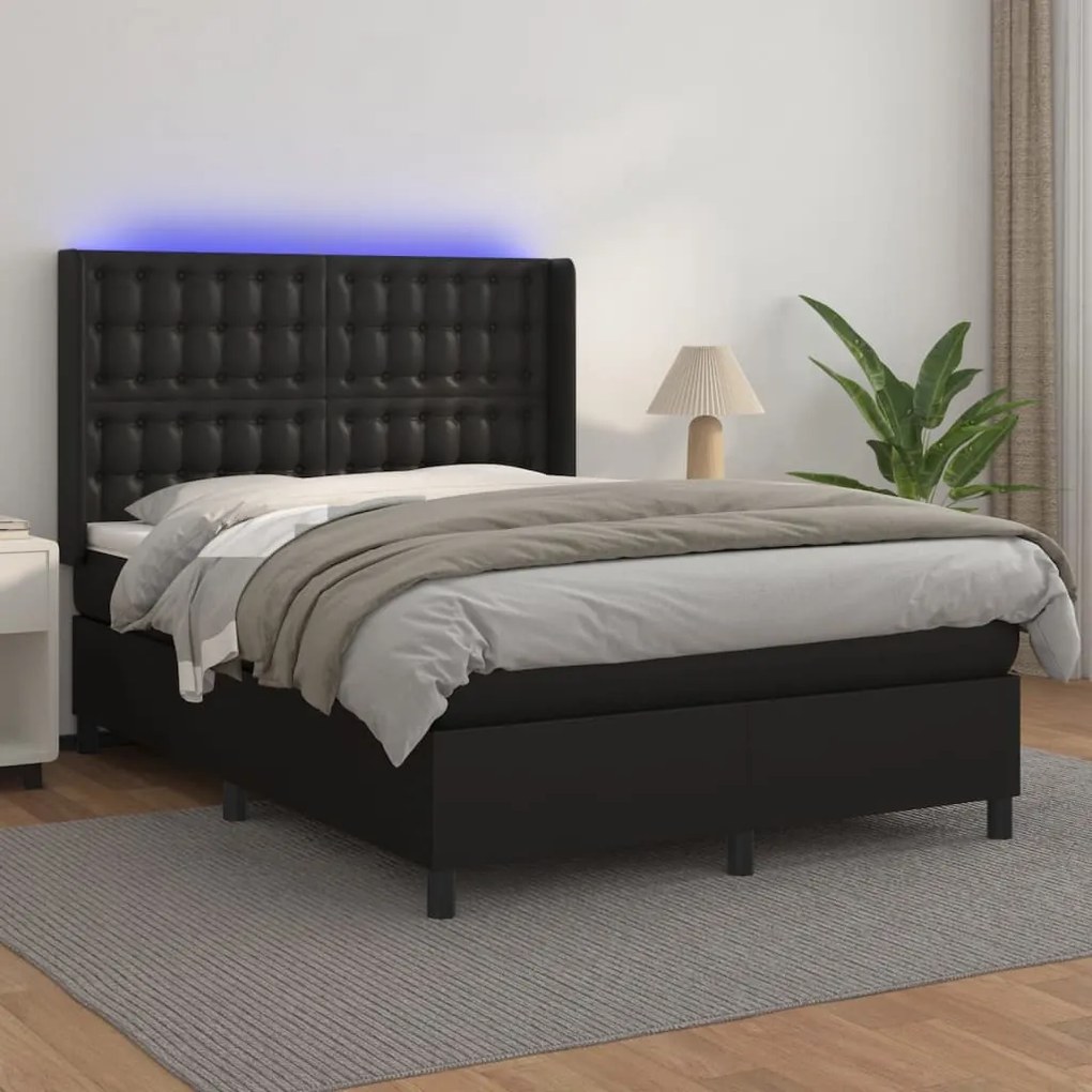 Box spring postel s matrací a LED černá 140x200 cm umělá kůže 3139385