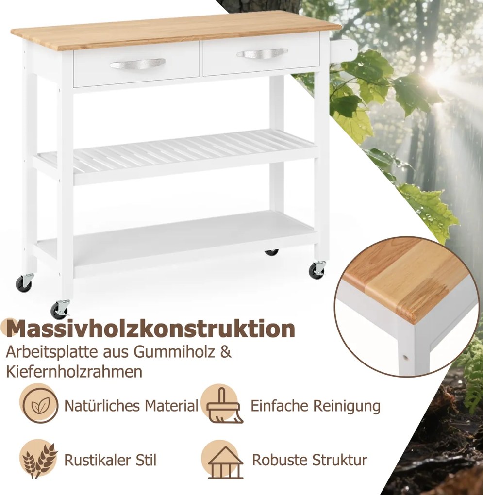 Costway Dřevěný kuchyňský vozík s pracovní deskou a 2 zásuvkami a 2