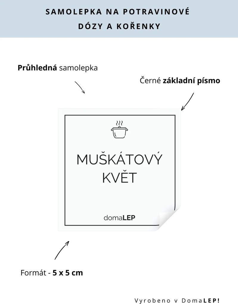 Samolepka na kořenky MUŠKÁTOVÝ KVĚT průhledná 5 × 5 cm základní písmo