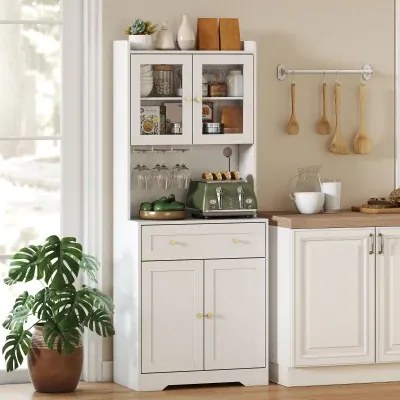 HOMCOM Kuchyňská skříň s pracovní deskou, držákem na vinné sklenice, skladovací skříň do kuchyně a jídelny, 170 cm, MDF, sklo, bílá
