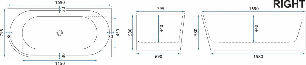 Rea Rea, Akrylová rohová vana SYDNEY BELLANTO RIGHT 170cm, KPL-W7900