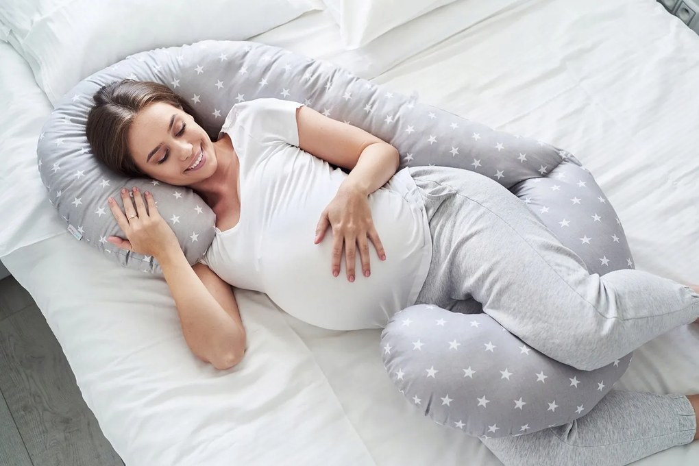 Těhotenský a kojicí polštář BABYMAM PREMIUM 300 cm 3v1 - Bílé hvězdičky s šedou