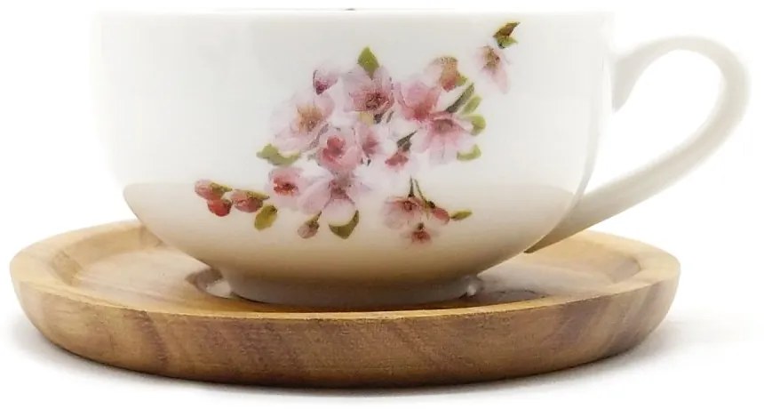 Porcelánový espresso šálek Sakura s podšálkem z akácie, 120 ml – s motivem rozkvetlé sakury
