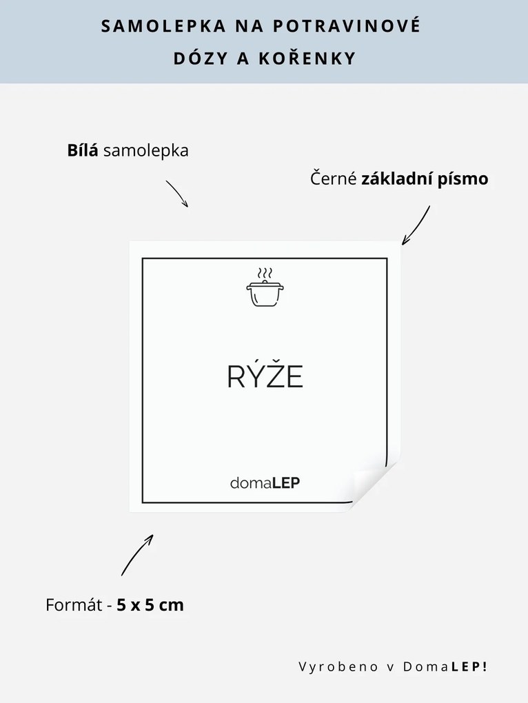 RÝŽE – bílá samolepka na dózu, základní písmo, 5 x 5 cm | DomaLEP