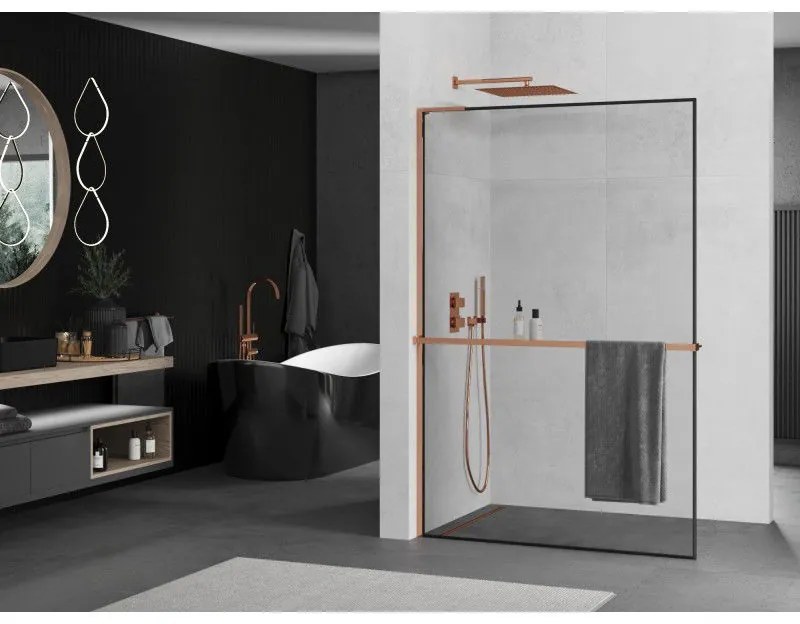 Mexen Kioto+ L, sprchová zástěna Walk-In s poličkou a věšákem 120 x 200 cm, 8mm čiré sklo černý vzor, ​​růžové zlato profil, 800-120-123-60-70