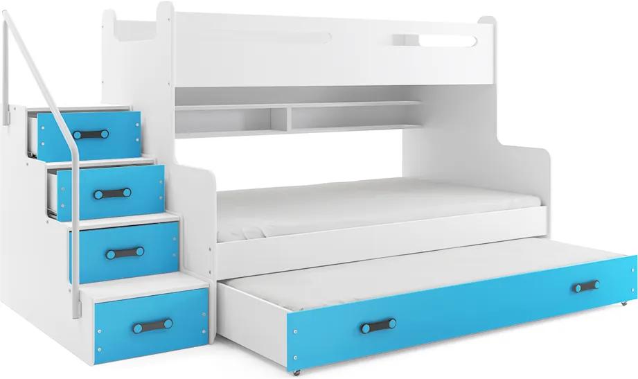 BMS Group Dětská multifunkční postel se schůdky a přistýlkou MAX 3 200x120 modrá Modrá