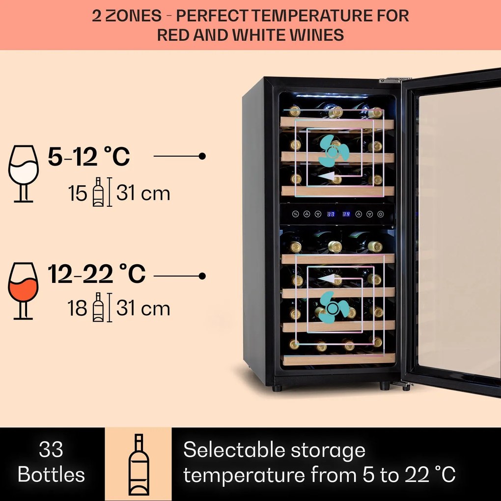 Klarstein Vinamour 33 Duo, vinotéka, 89 l/33 lahví, 2 zóny, 5-18 °C, dotykové ovládání