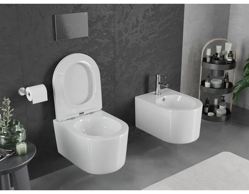 Mexen Sofia, závěsná WC mísa 490x360x355 mm, Rimless Tornádo + WC sedátko z duroplastu, bílá lesklá, 30540400T