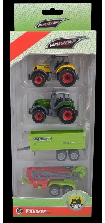 FARM SERVICE - Set zemědělských strojů: 2x traktor, valnik, postřikovač 1:64