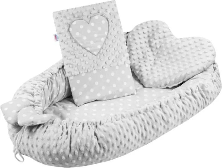 Luxusní hnízdečko s polštářkem a peřinkou New Baby z Minky Srdíčko šedé
