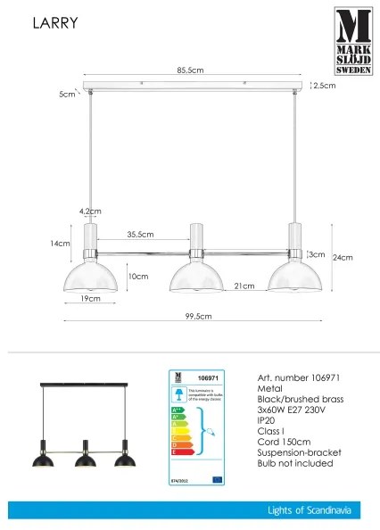 Markslöjd 106971 - Lustr na lanku LARRY 3xE27/60W/230V černá/zlatá