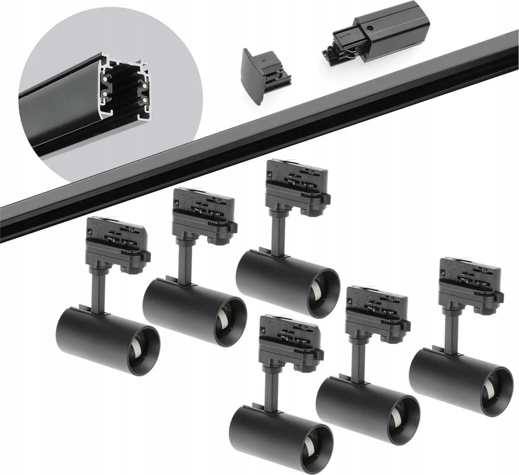 Sada kolejnicová 3-fázová kolejnice 2 m, 6 x lampa Černá kompletní sada