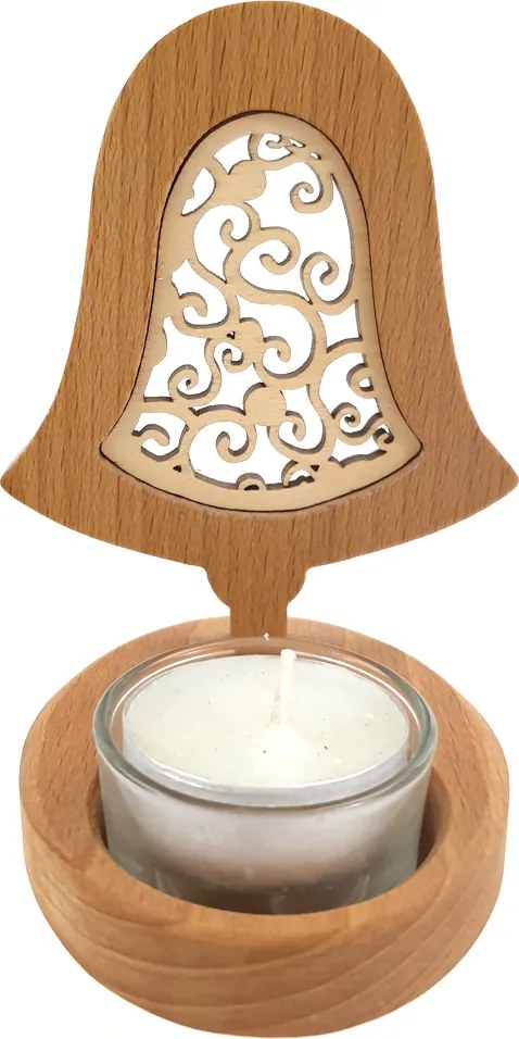AMADEA Dřevěný svícen zvonek s vkladem - ornament, masivní dřevo, výška 10 cm