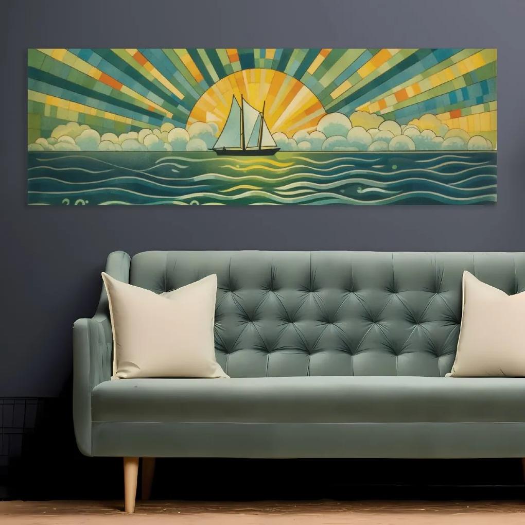 Obraz na plátně - Plachetnice v objetí západu slunce ve stylu Art Deco FeelHappy.cz Velikost obrazu: 180 x 60 cm