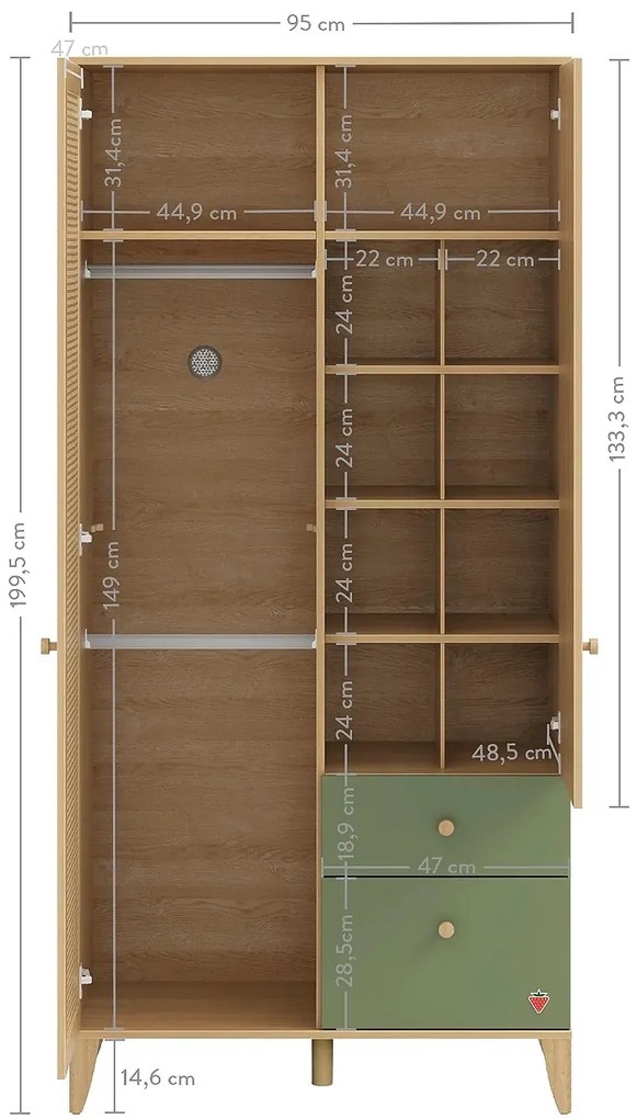Dvoudveřová šatní skříň Habitat - dub/zelená