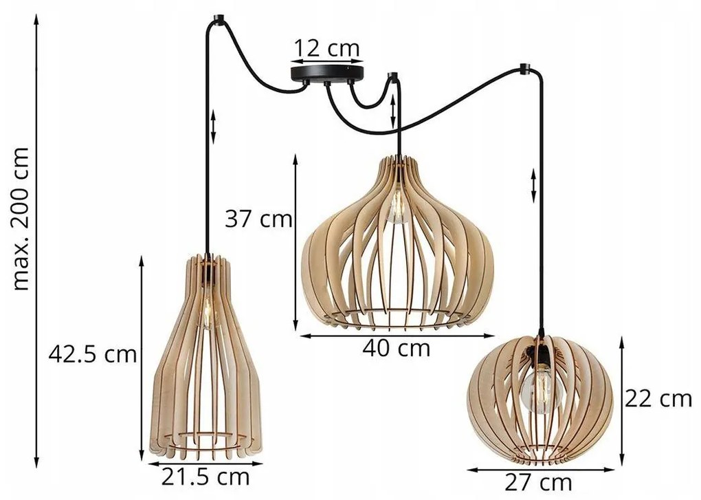 Závěsné svítidlo TIMBER SPIDER 1, 3x dřevěné stínítko (mix 3 tvarů)