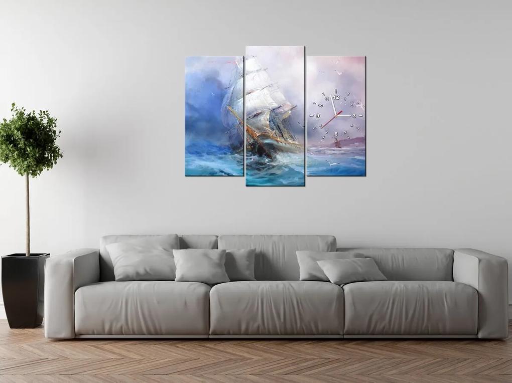 Gario Obraz s hodinami Plachetnice na rozbouřeném moři - 3 dílný Rozměry: 90 x 70 cm