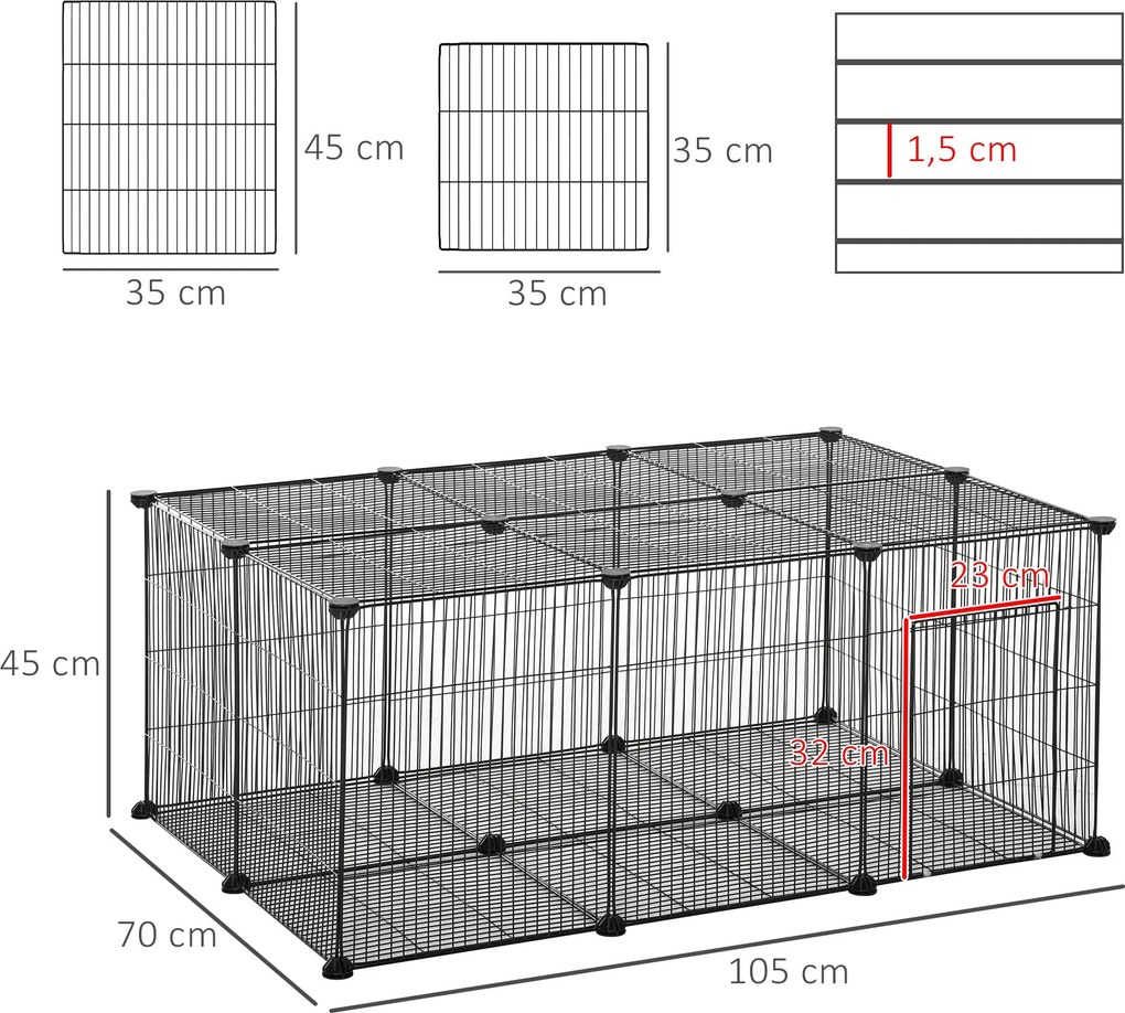 PawHut DIY Výběh pro malé zvířata s 22 síťovými panely a dveřmi pro králíky a morčata 105x70x45 cm Černý