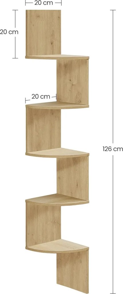 Nástěnná rohová police ESTANTE, 5 polic v dekoru dub artisan, 126x20cm