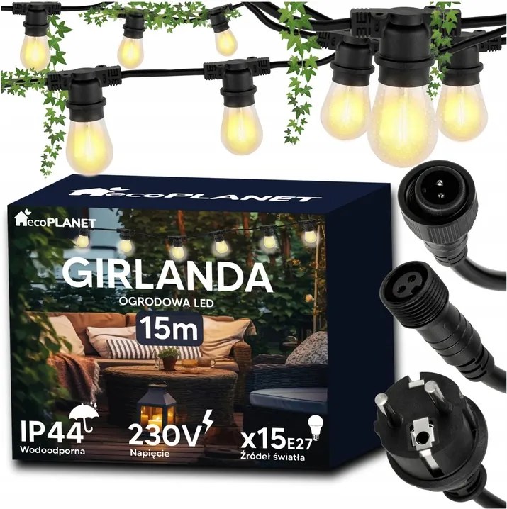 Síťová Girlanda 230V 15m zahradní řetěz 16x Led Žárovky E27 Filament