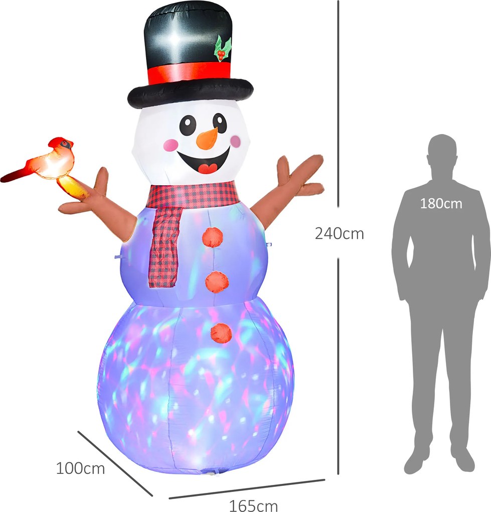 Outsunny Velký sněhulák, 2,40 m, vánoční dekorace, s LED, samonafukovací, polyester