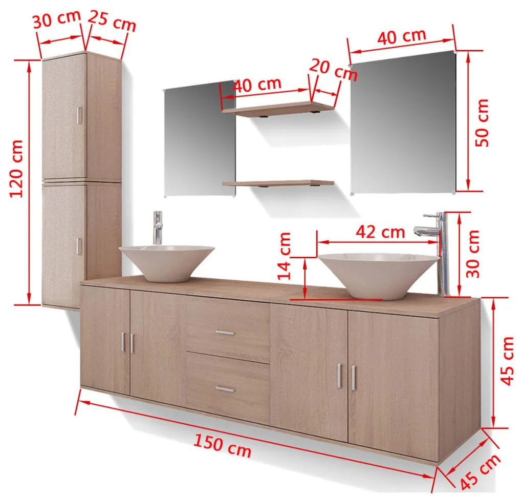 vidaXL Marketos 11kusový set koupelnového nábytku s umyvadlem a baterií, béžový