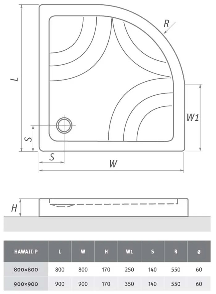 Čtvrtkruhová samonosná sprchová vanička HAWAII-P 170 mm S 900 × 900 R550 HAWAII-P /900 8000025