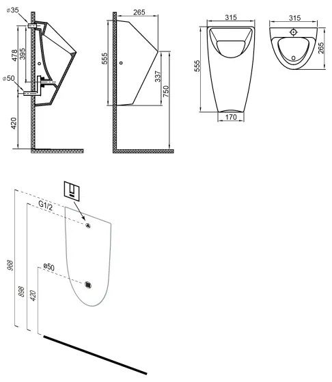 Bruckner - Pisoár SCHWARN zadní přívod, zadní odpad + zabud. splach. 6V DC bílá