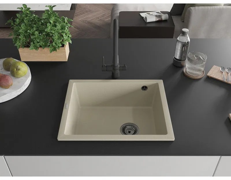Mexen Pedro, granitový dřez 560x460x200 mm, 1-komorový, béžová s černým sifonem, 6508561000-69-B