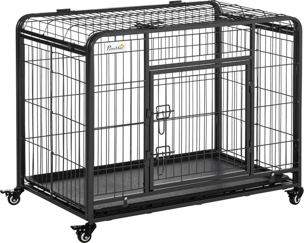 Skládací přepravní klec PawHut pro psy na kolečkách s 2 zamykatelnými dveřmi a odnímatelným podnosem 94L x 58W x 69.5H cm Metal Šedá Černá | Aosom