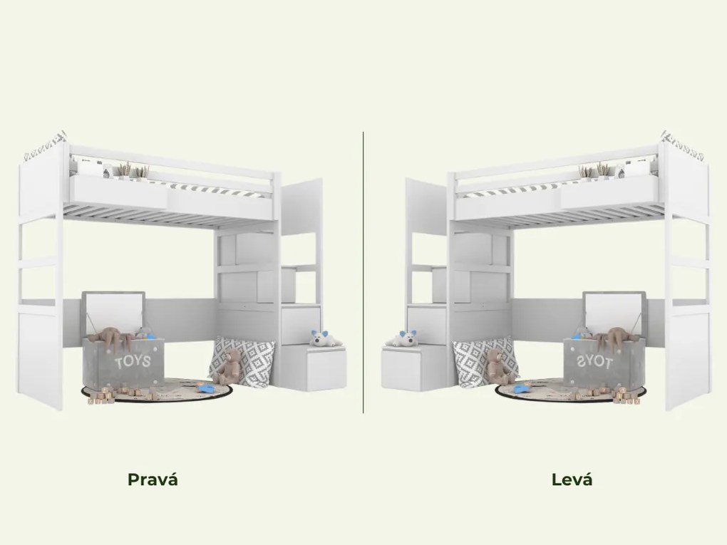 Bílá vyvýšená postel SIMONE s úložnými schody a policí 90x200 cm Zvolte stranu: Vlevo