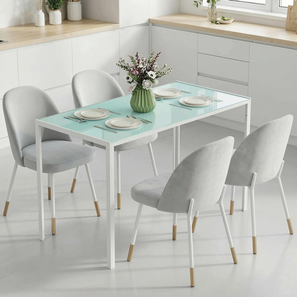 HOMCOM Skleněný Jídelní Stůl Obdélníkový pro 4-6 Osob s Metalickými Nohami Multifunkční do Kuchyně a Obývacího Pokoja 120x60x75 cm Bílý