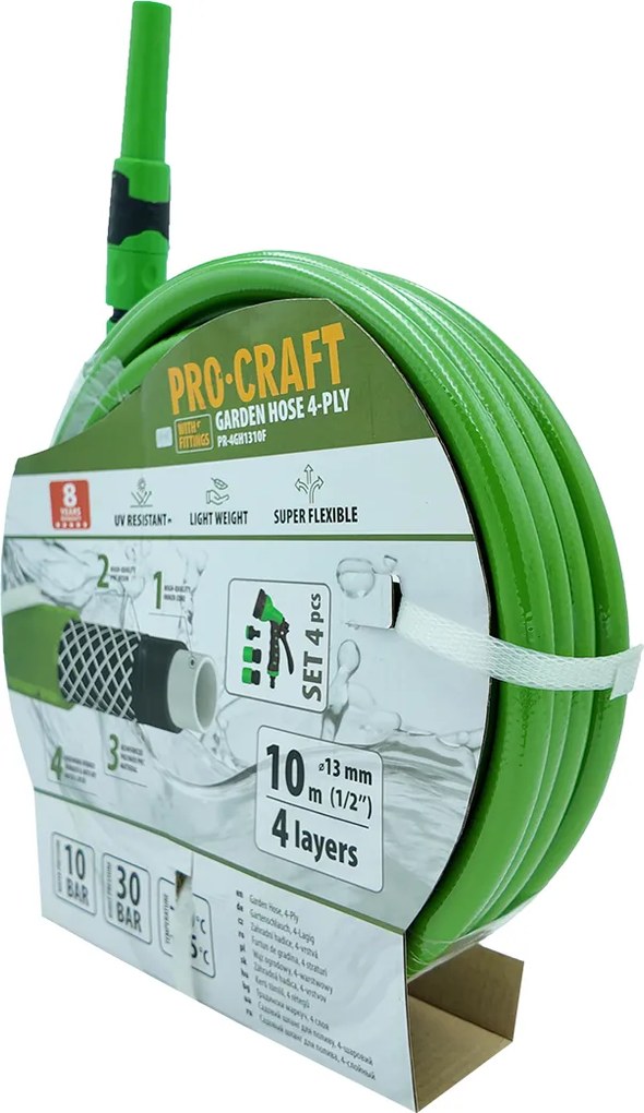 Procraft PR-4GH1310F - zelená zahradní hadice, 4 vrstvy, 1/2", 10m, s příslušenstvím