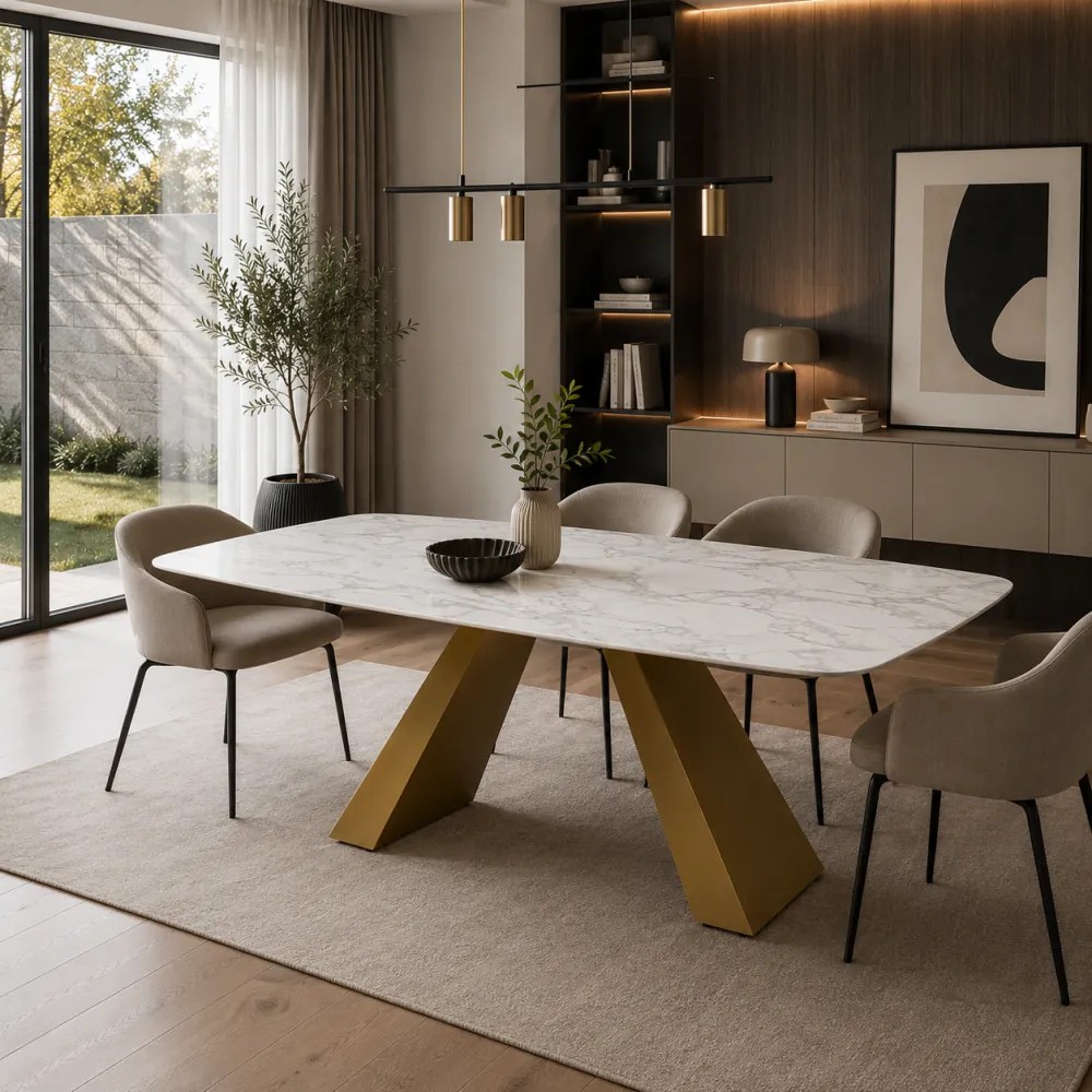 Jídelní stůl ARABESCATO – 200 × 100 cm, keramická deska 12 mm, zlatá podnož ANCONA M